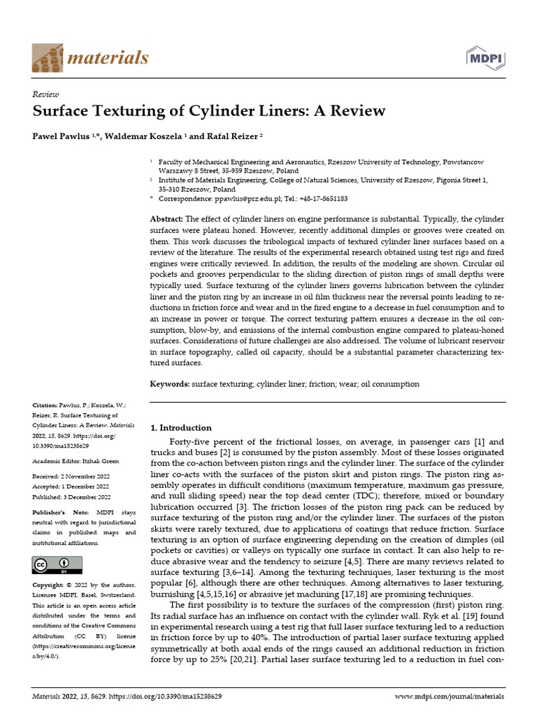 Surface Texturing of Cylinder Liners A Review | PDF | Piston | Wear