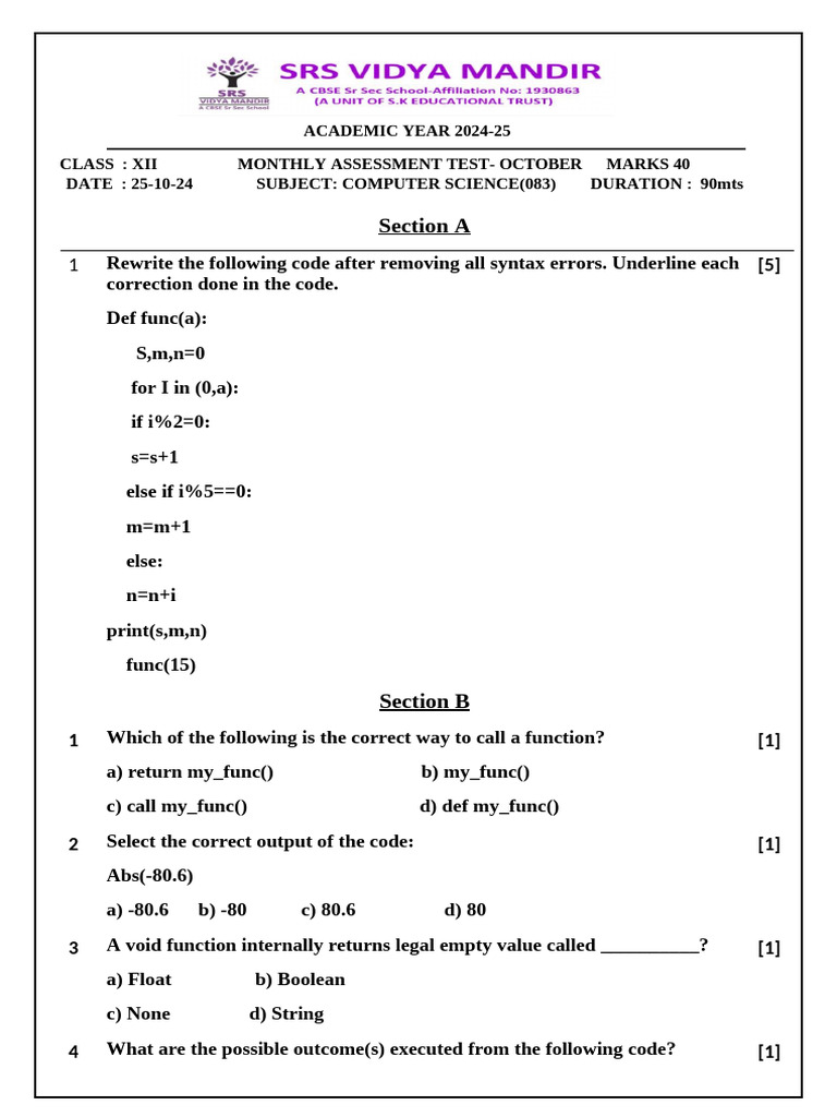 CLASS 12 OCT | PDF | Parameter (Computer Programming) | Computer ...
