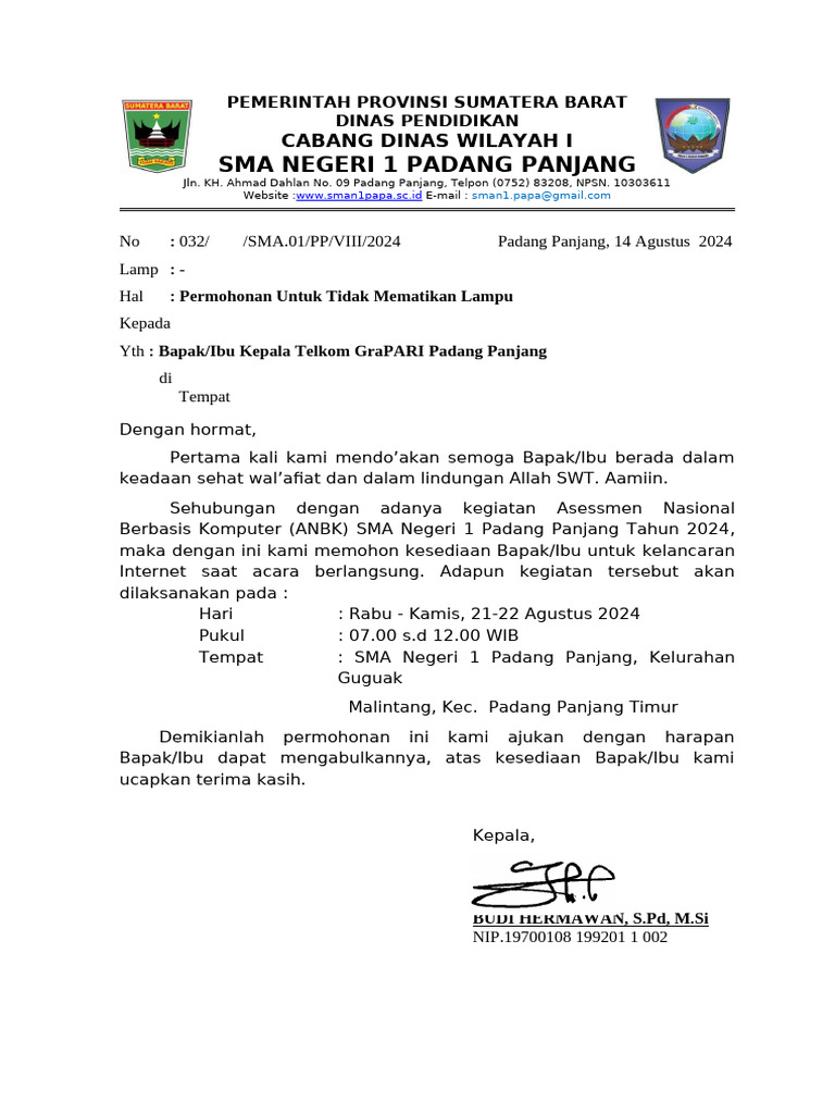 Surat Permohonan Untuk PLN ANBK | PDF