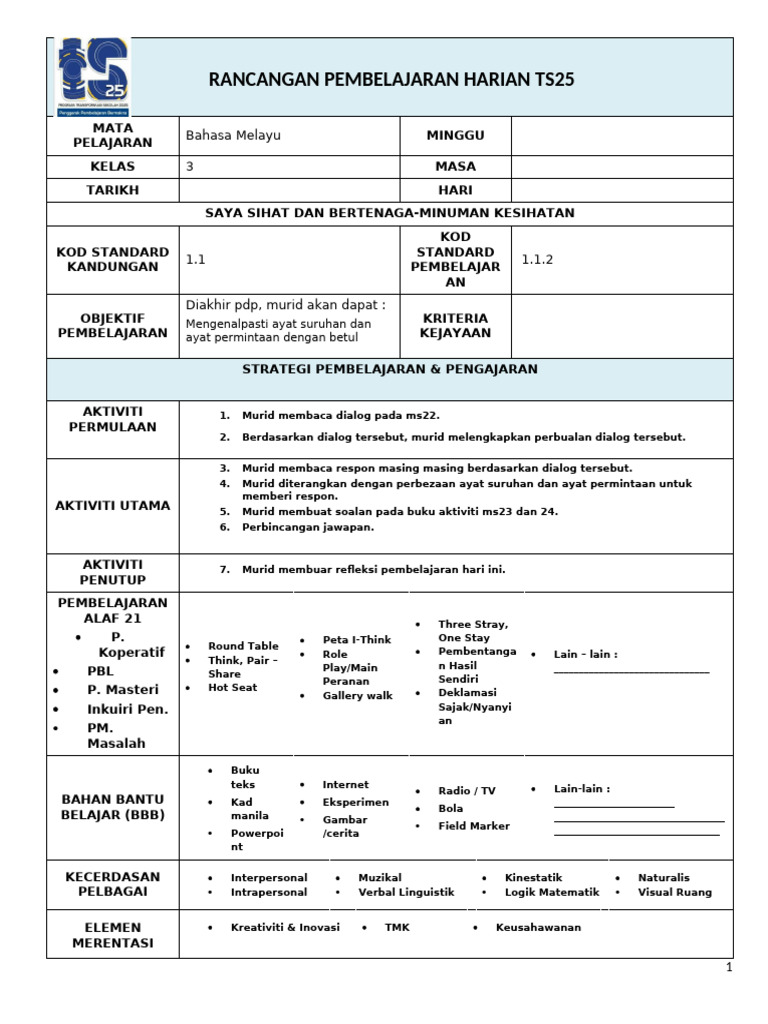 RPH BM Tahun 3 Unit 4 Saya Sihat Dan Bertenaga | PDF