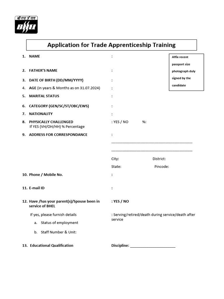 BHEL Ranipet Apprentice Form | PDF