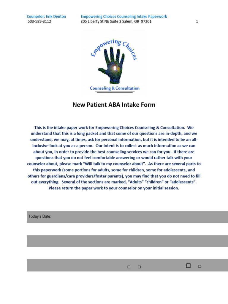 New Patient Intake ABA On Line Fillable Form | PDF | Informed Consent ...