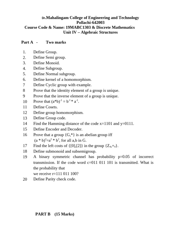 Discrete Mathematics: Algebraic Structures | PDF | Group (Mathematics ...