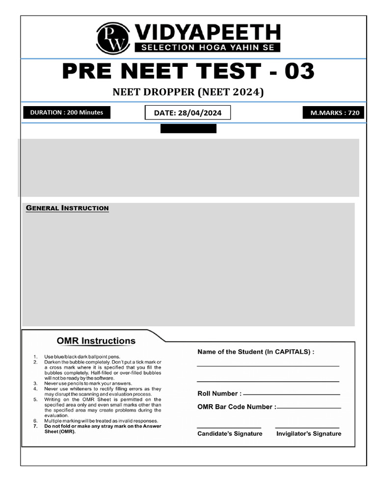 Pre Neet - 03 - Test Paper | PDF | Electrical Engineering | Electricity