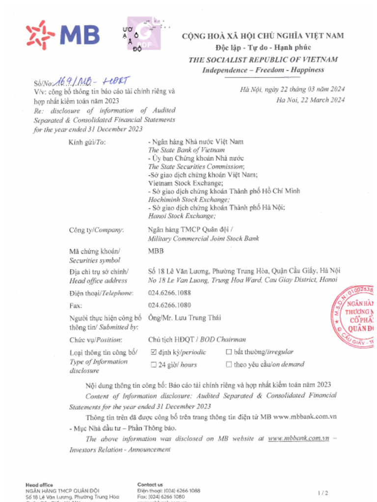 MBB-BCTC Riêng 2023 (Audited) | PDF