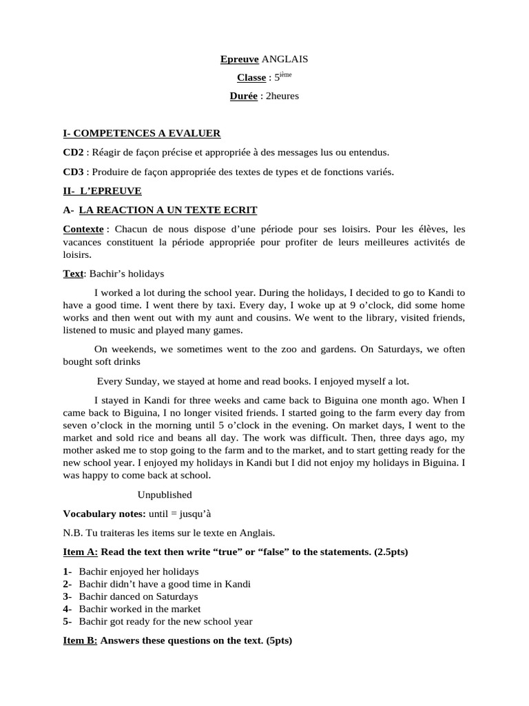 ANGLAIS 5e Bachirou's Holidays | PDF | Linguistics | Grammar