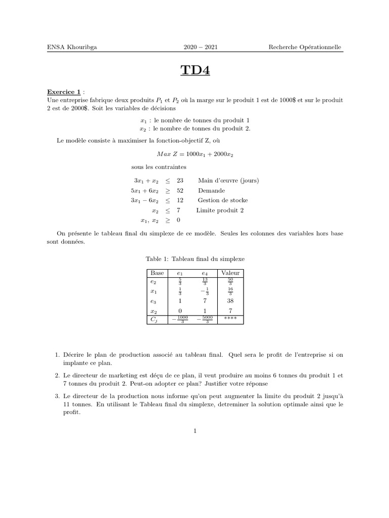 TD4 Ensa 2021 | PDF | Optimisation linéaire | Optimisation mathématique