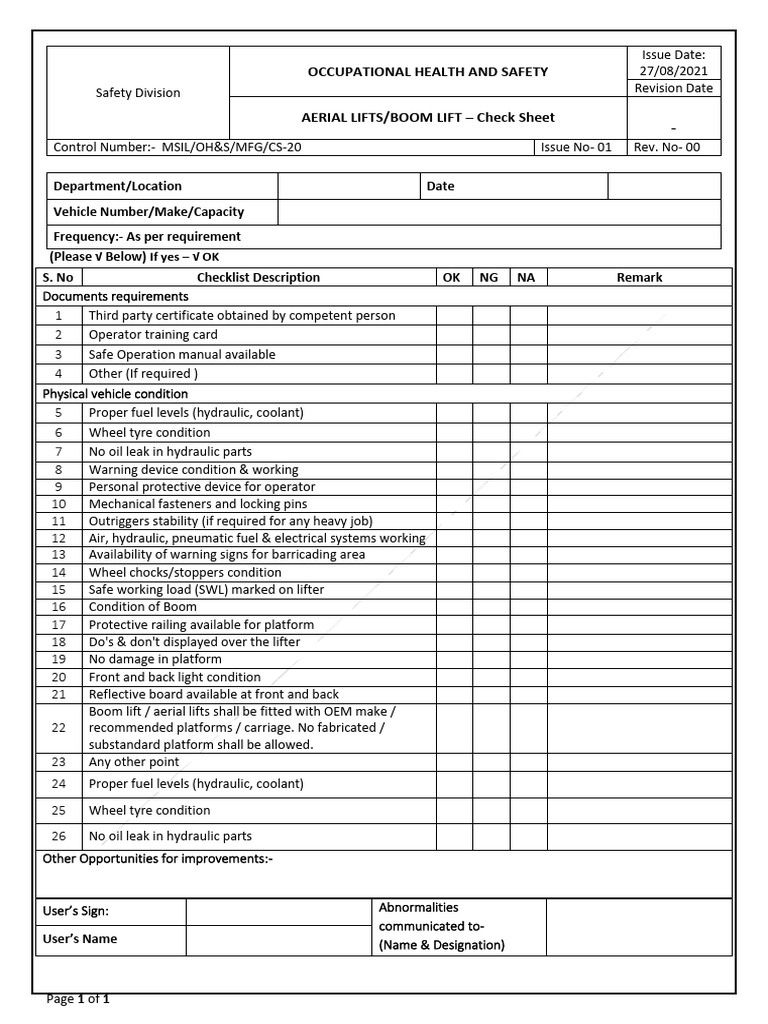 Boom Lift Aerial Lifts Check Sheet | PDF | Transport | Manufactured Goods