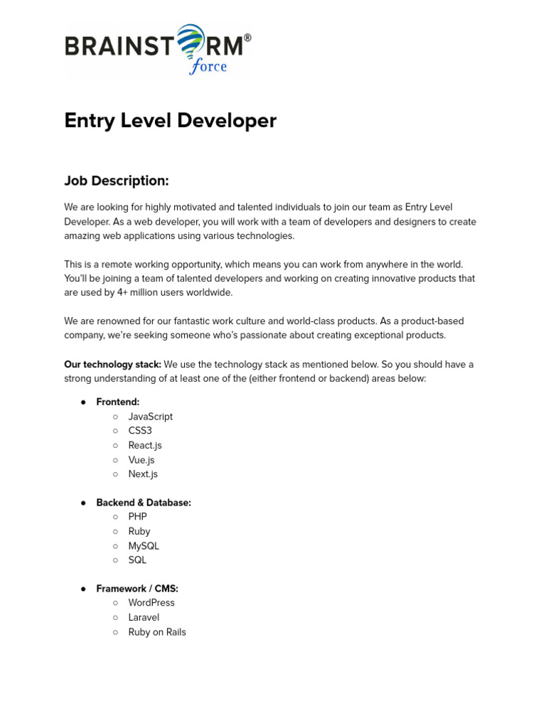 Brainstorm Force - Entry Level Developer | PDF | Web Development ...