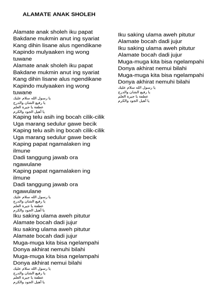 Lirik Lagu Alamate Anak Sholeh | PDF
