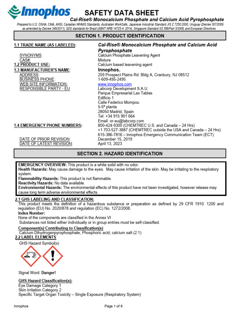 Monocalcium Phosphate Safety Data Sheet | PDF | Dangerous Goods | Chemistry
