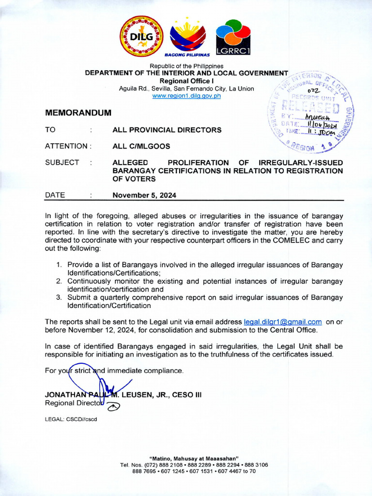 MEMO To ALL PDs Re ALLEGED PROLIFERATION OF IRREGULARLY-ISSUED BRGY ...