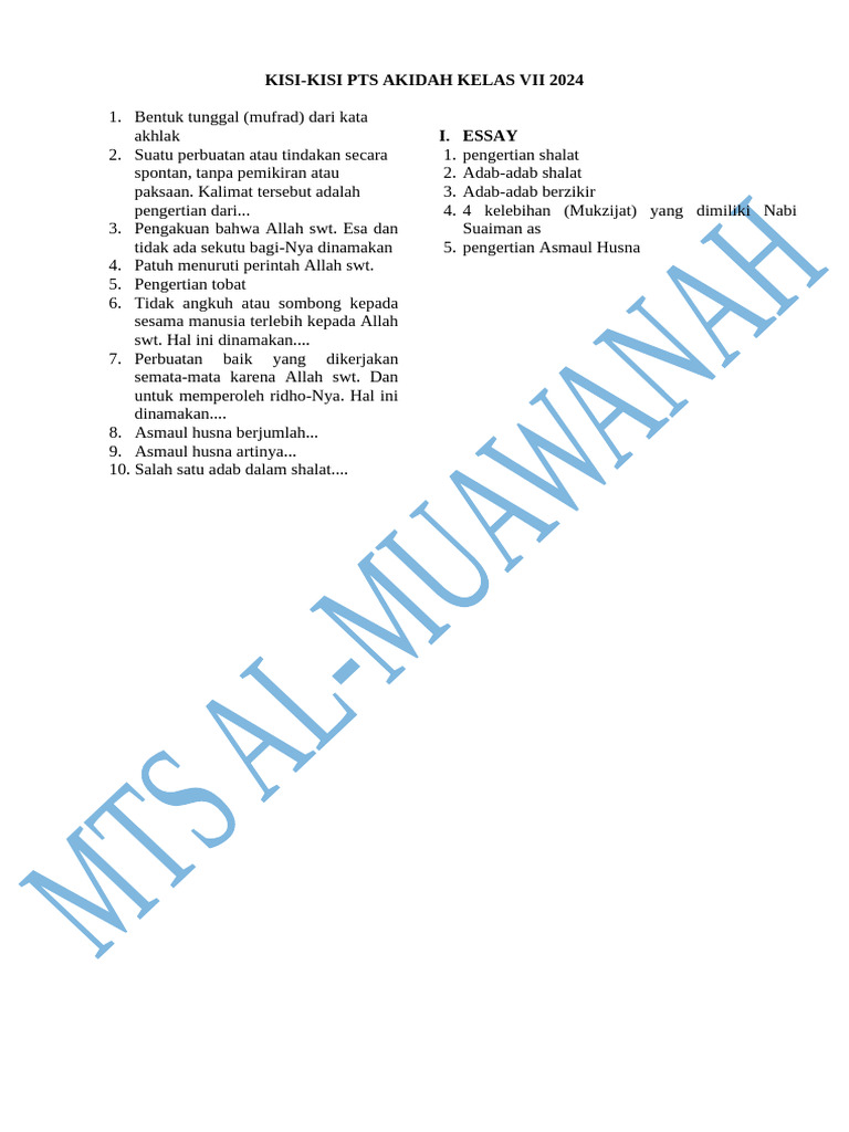 Kisi-Kisi Pts Akidah Sem Genap 2024 Kelas Vii | PDF | Karier & Perkembangan | Agama & Spiritualitas