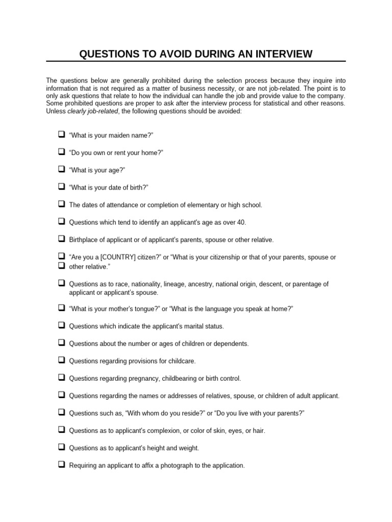 Questions To Avoid During An Interview | PDF | Copyright | Disability