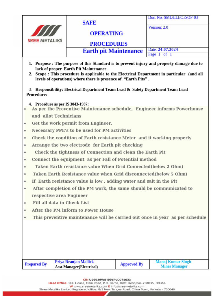 SOP For Earth Pit Maintenance | PDF | Technology & Engineering
