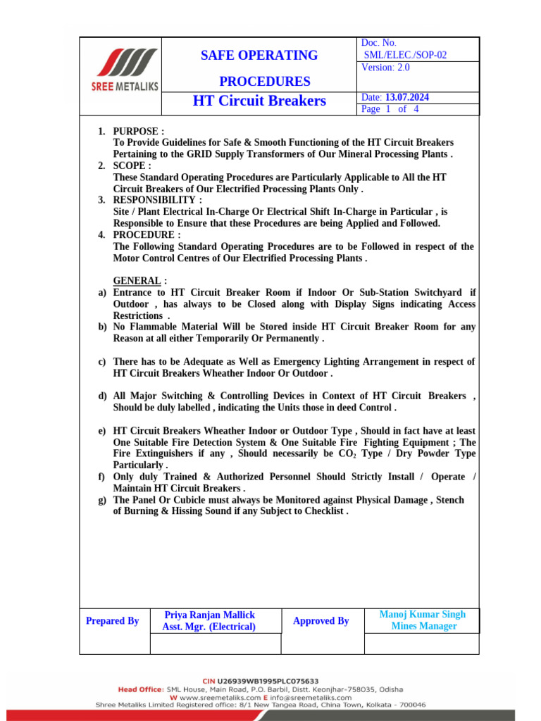 SOP For HT Circuit Breakers | PDF | Relay | Electrical Substation