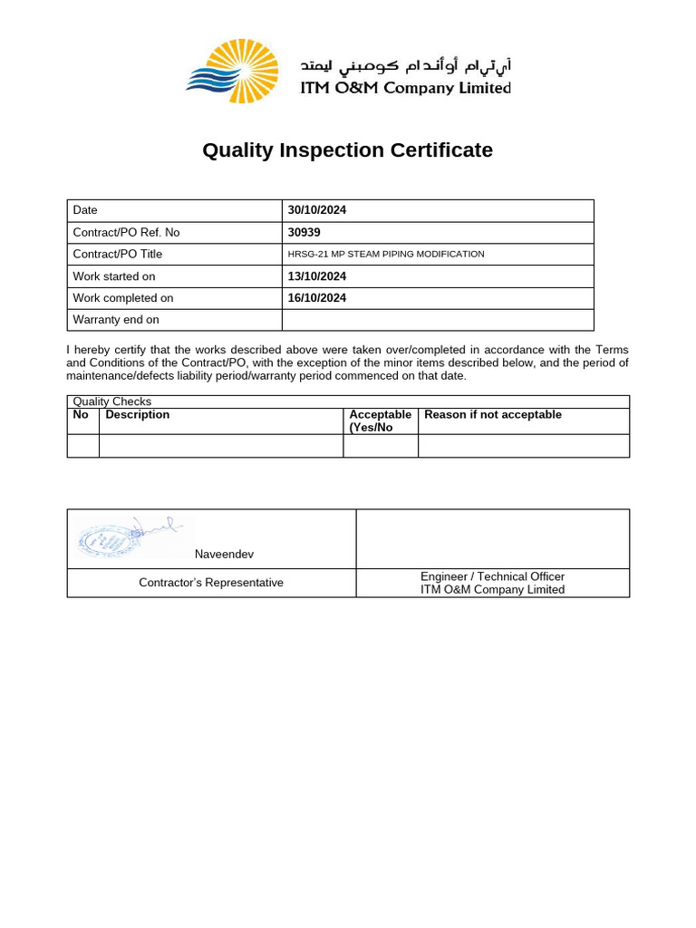 Quality Inspection Certificate | PDF
