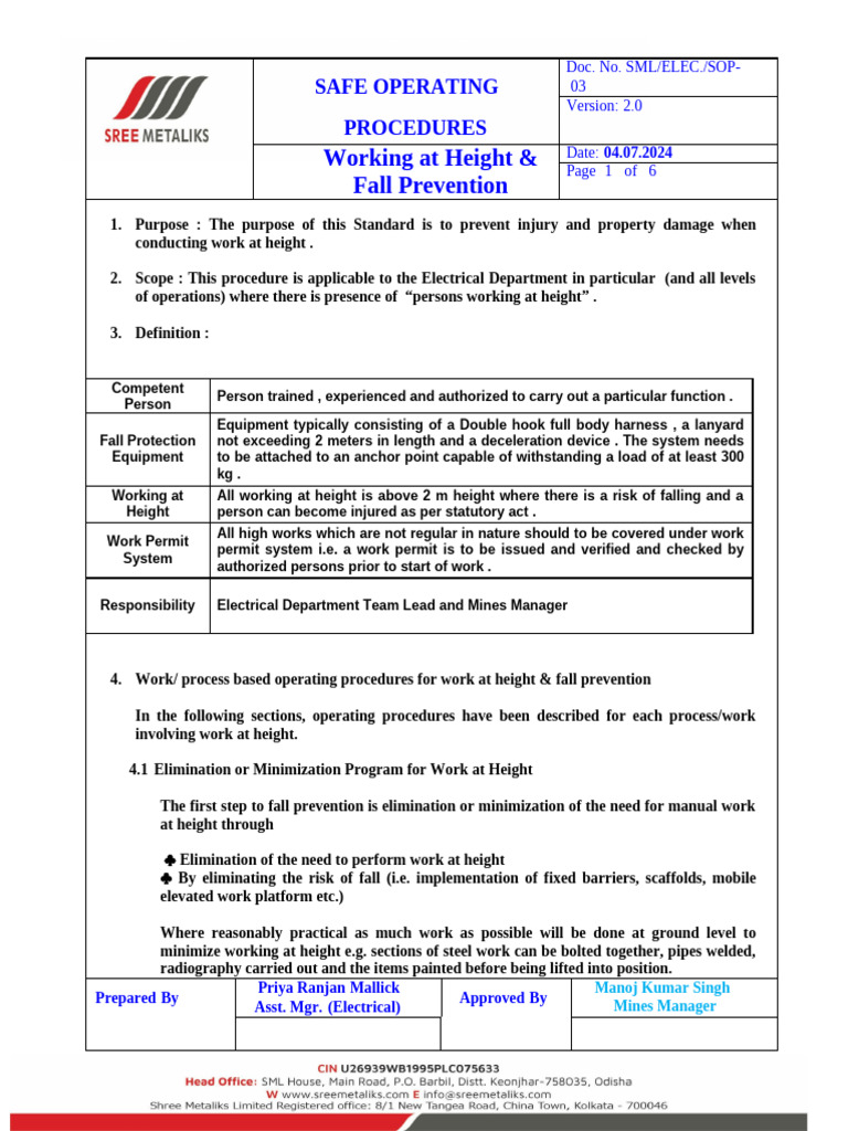 SOP for Working at Height Safety | PDF | Stairs | Risk