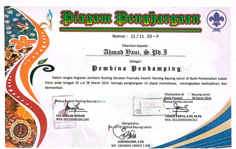 Piagam Penghargaan Pramuka Pak Yani | PDF