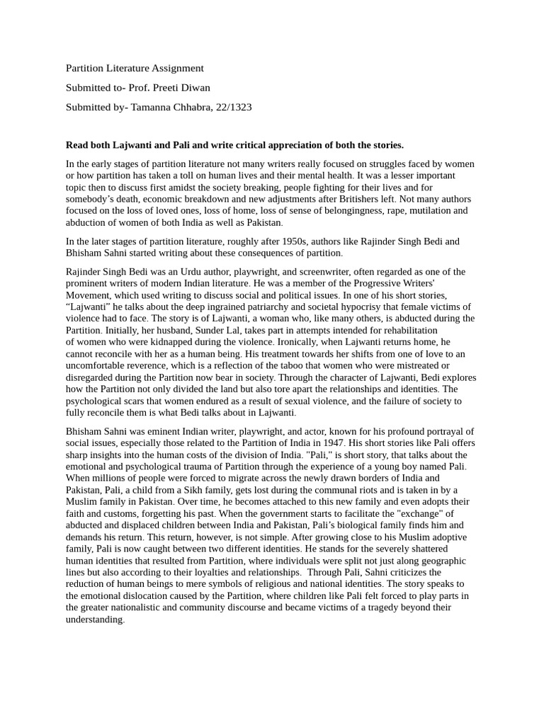 Partition Literature Assignment - Preeti Diwan | PDF | Partition Of India