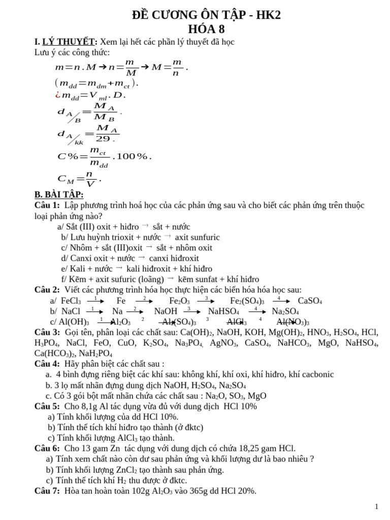 ĐỀ CƯƠNG HOÁ 8. HKII - 2022 | PDF