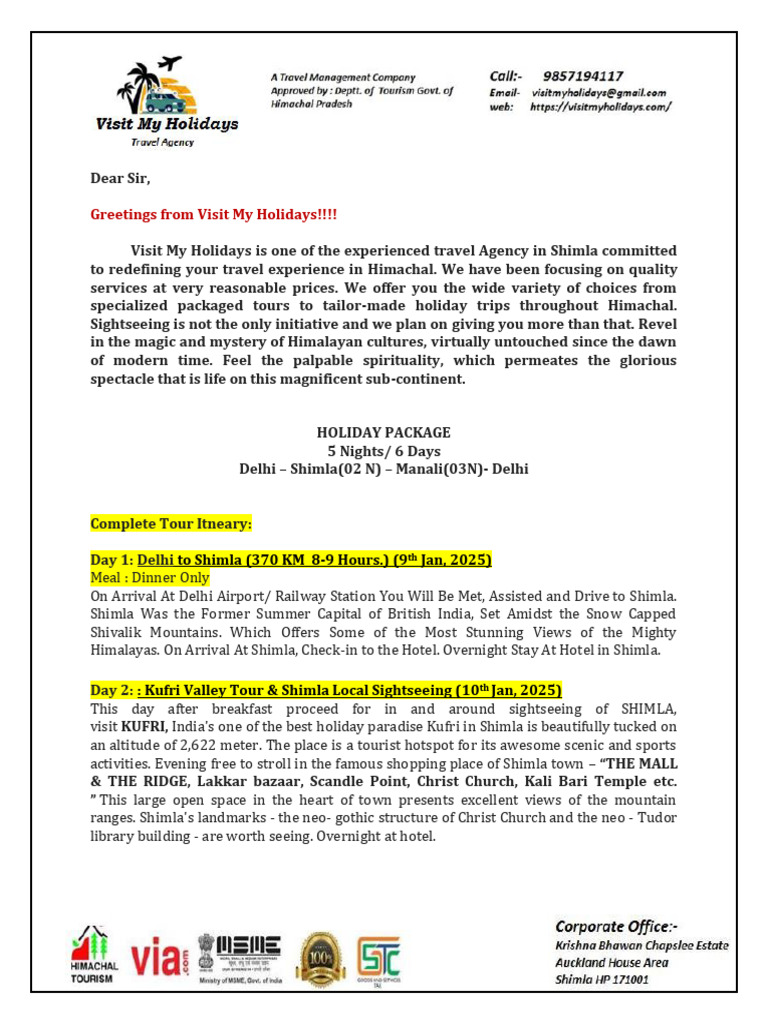 Dear Raja Dev Sir 6 Days Package Delhi To Delhi... | PDF | Fee