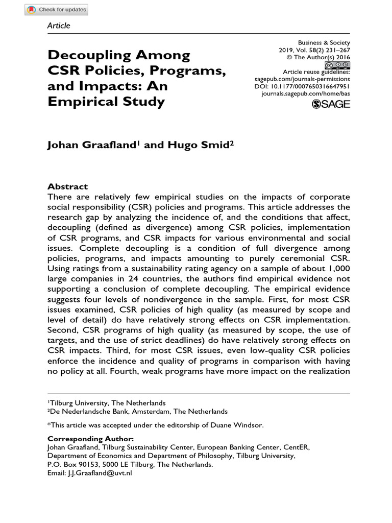 Decoupling Among CSR Policies, Programs, and Impacts - An Empirical Study | PDF | Corporate ...