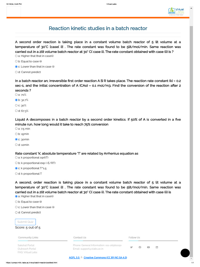 Virtual Labs Quizz | PDF | Reaction Rate Constant | Chemical Reactor