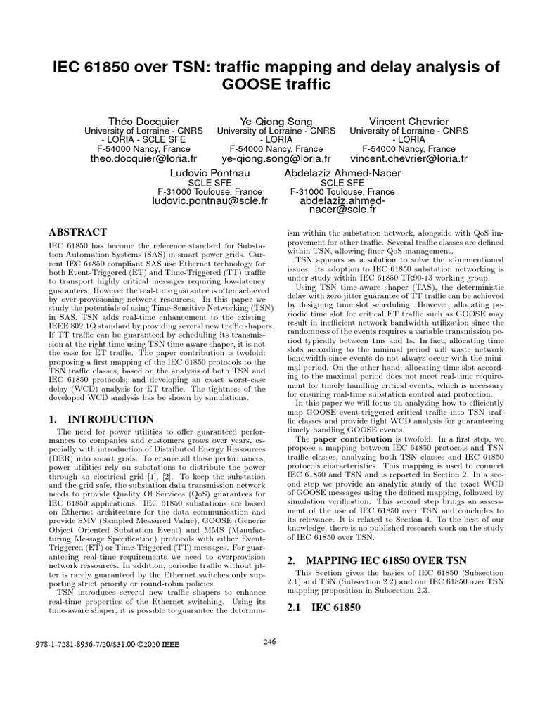 IEC 61850 Over TSN Traffic Mapping and Delay Analysis of GOOSE Traffic | PDF | Quality Of ...