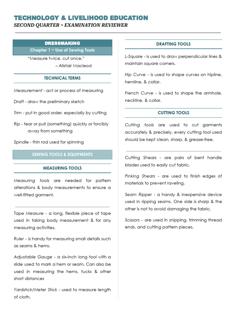 GRADE 8 TLE REVIEWER | PDF | Sewing Machine | Sewing