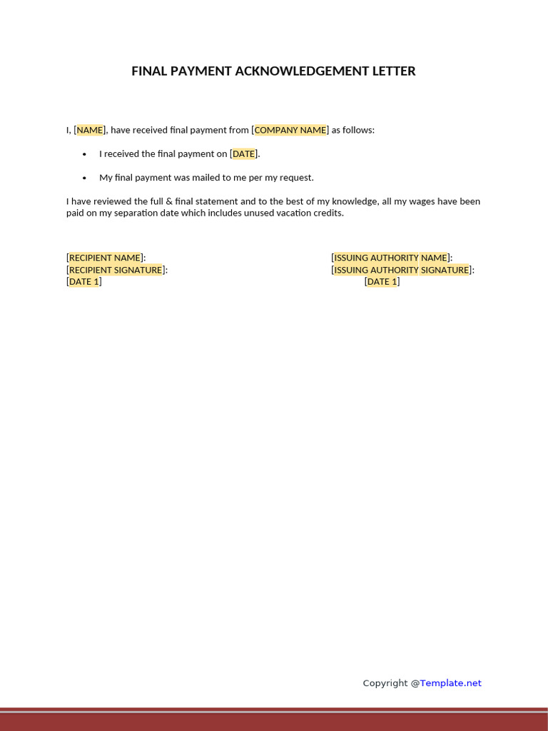 Final Payment Acknowledgement Letter A4 | PDF