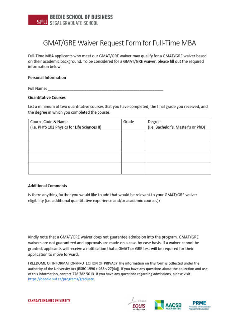 GMAT GRE Waiver Form For Full Time MBA | PDF | Business