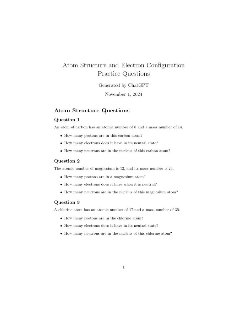 Atom Electron Configuration Questions | PDF | Teaching Methods ...