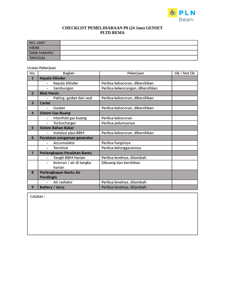 Checklist Pemeliharaan P0 | PDF | Teknologi & Rekayasa