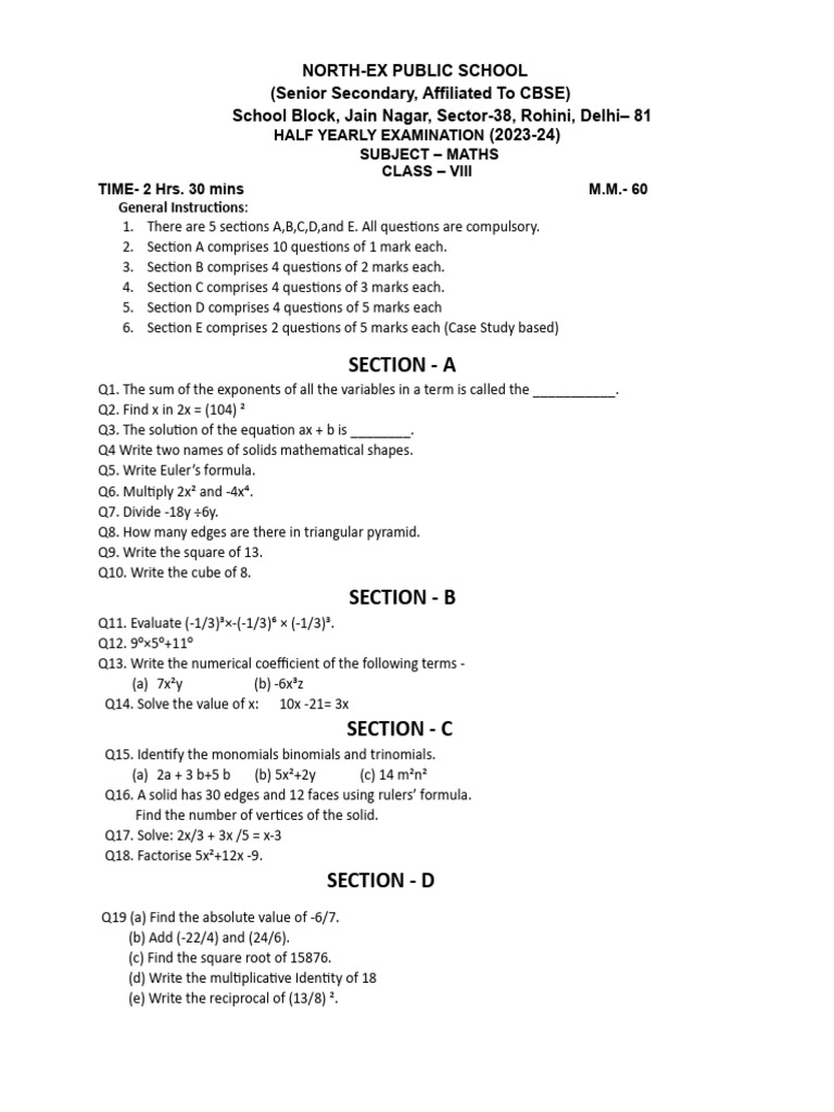 Class 8 Half Yearly Maths 2023 24 | PDF | Factorization | Arithmetic