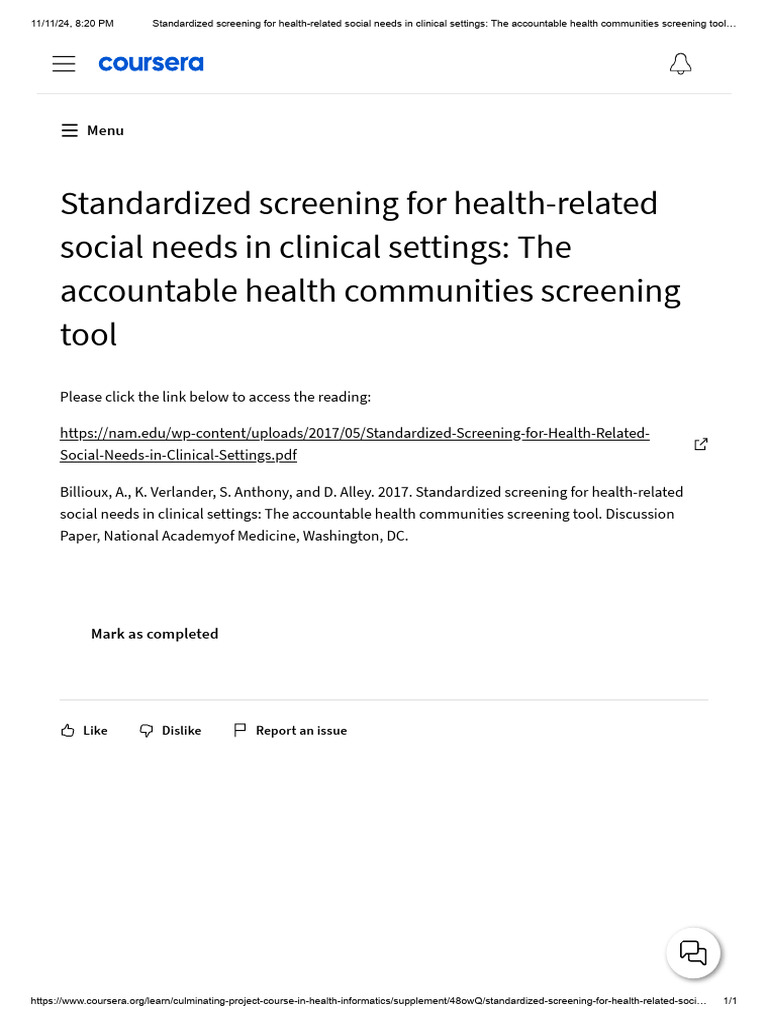 Standardized Screening For Health-Related Social Needs in Clinical ...