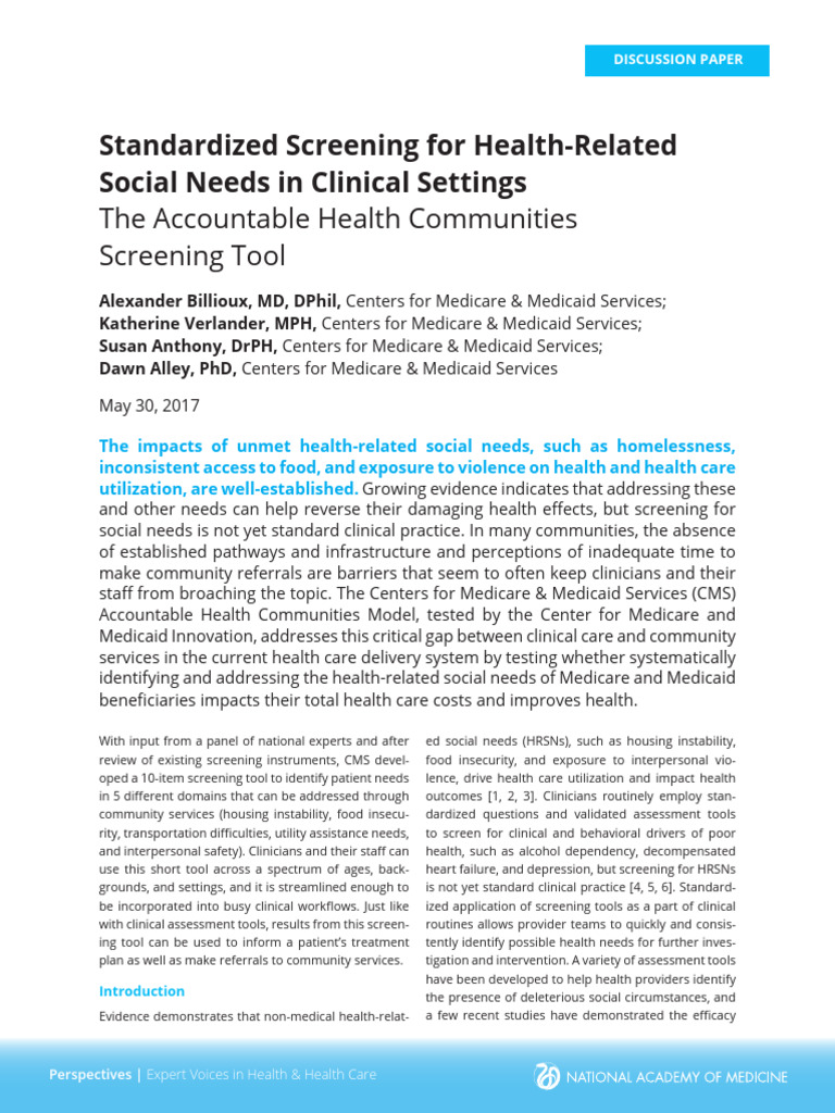 Standardized Screening For Health Related Social Needs In Clinical