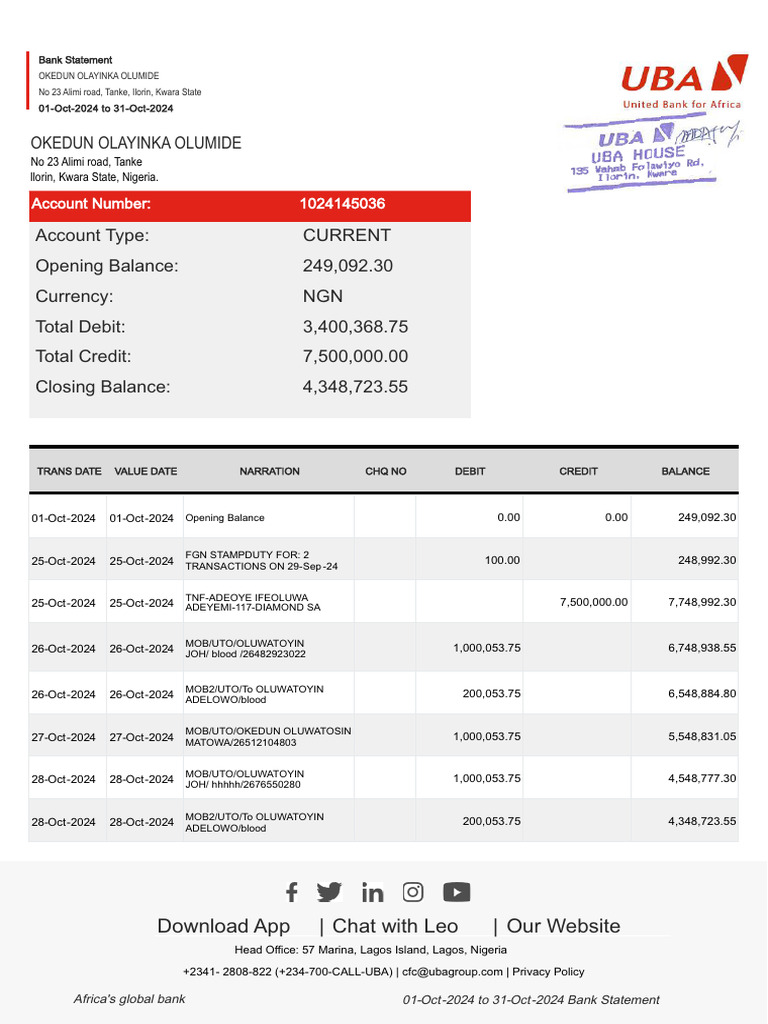 UBA Bank Statement Overview 2024 | PDF | Money | Corporate Jargon