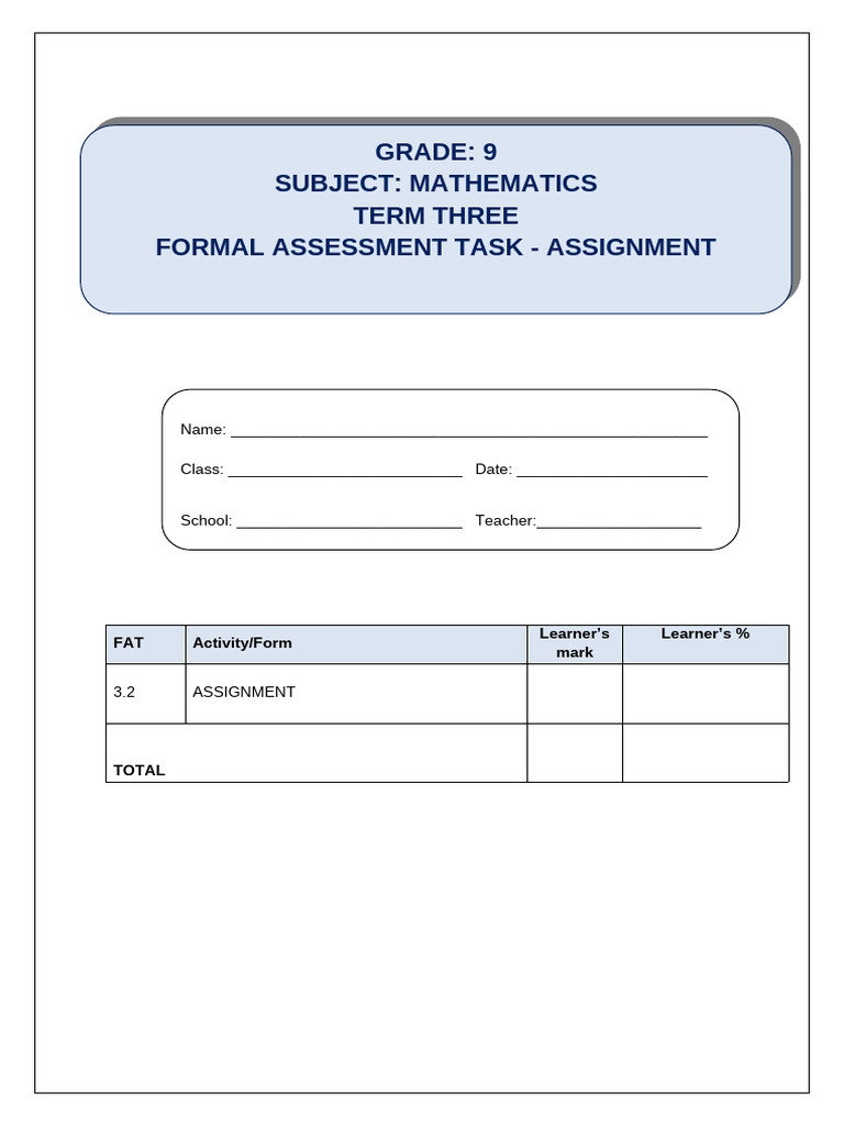 Mathematics GR 9 FAT 3 2 Assignment Graphs Term 3 Final | PDF | Function (Mathematics ...