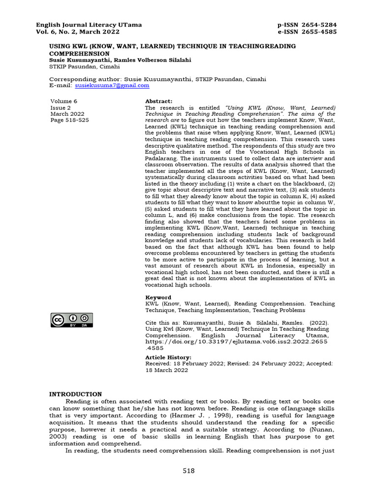 Using KWL (Know, Want, Learned) Technique in Teaching Reading Comprehension | PDF | Reading ...