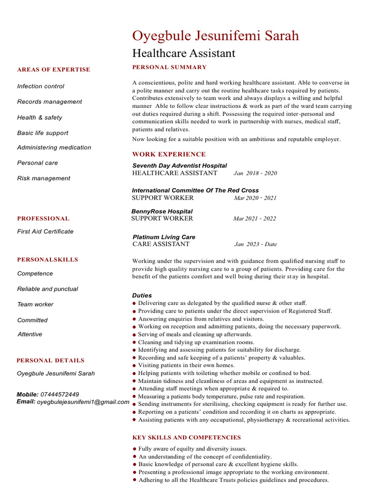 Sarah Care Assistance CV | PDF | Health Care | Nursing