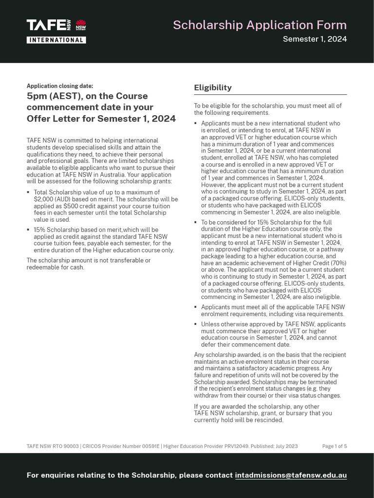 TAFE NSW International Scholarship Application Form S1 2024 | PDF ...