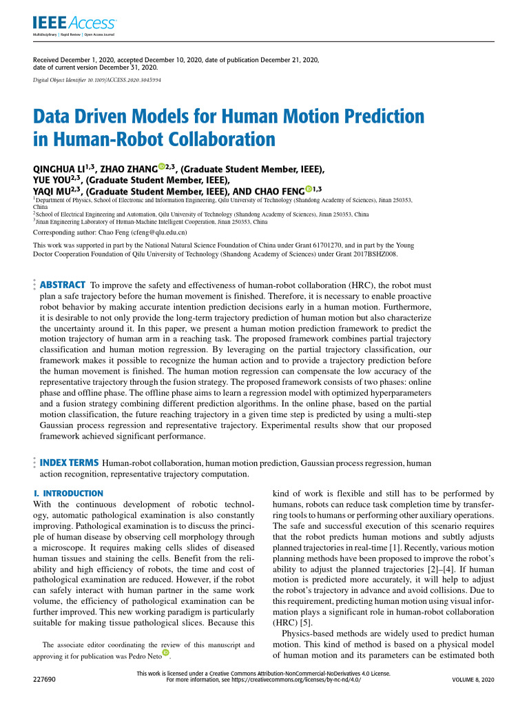 Data Driven Models For Human Motion Prediction In Human Robot Collaboration Pdf Prediction