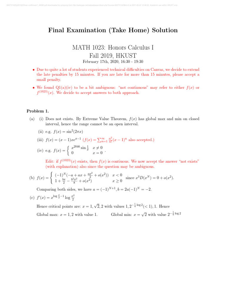 Honors Calculus Exam Solutions | PDF | Functions And Mappings | Mathematical Objects