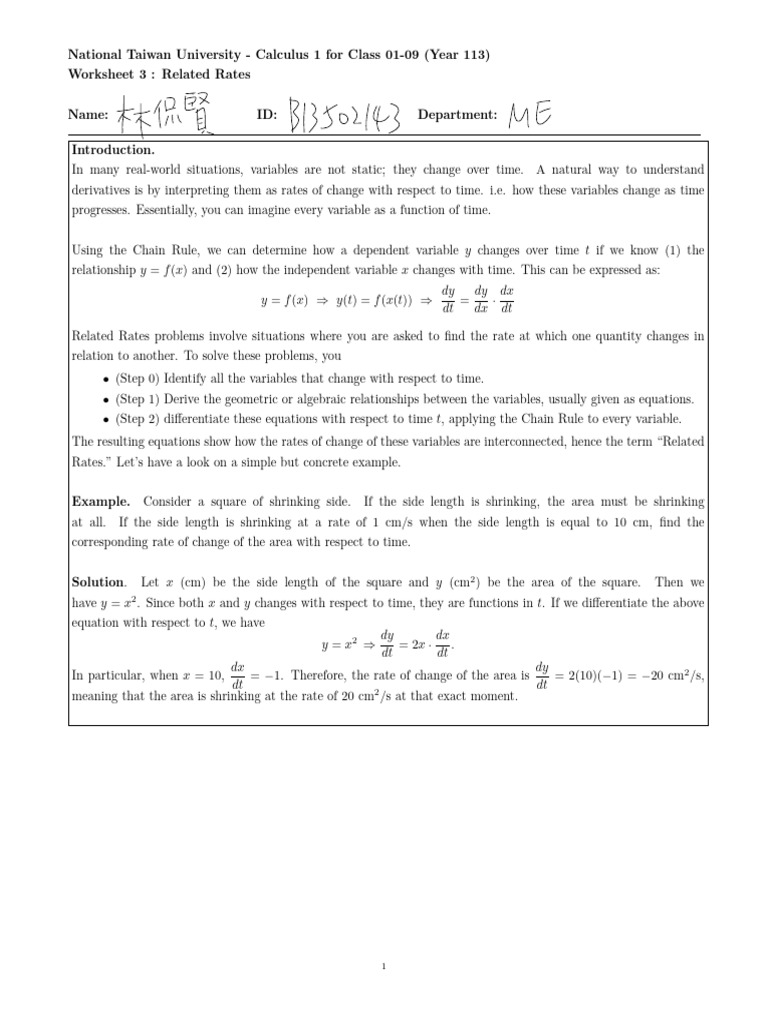 1-3 Related Rates | PDF | Derivative | Equations