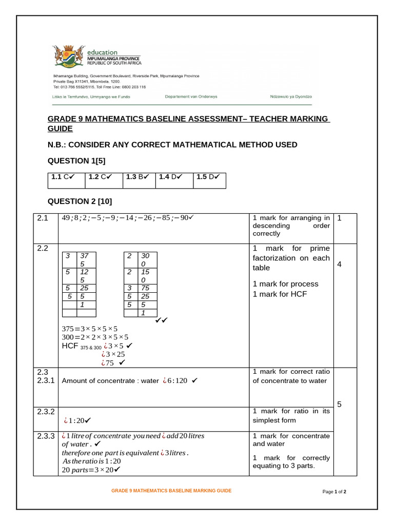 Grade 9 Maths Baseline Assessment Guide | PDF | Mathematics ...