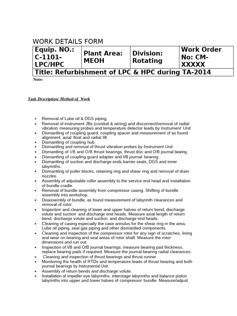 Work Deatil Form | PDF | Bearing (Mechanical) | Gas Technologies