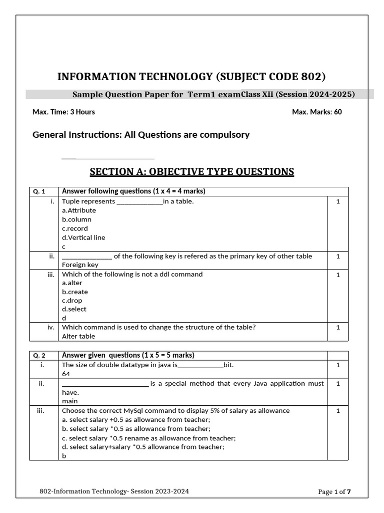 IT SQP For TERM1 CLASS 12 2024 | PDF | Constructor (Object Oriented Programming) | Programming