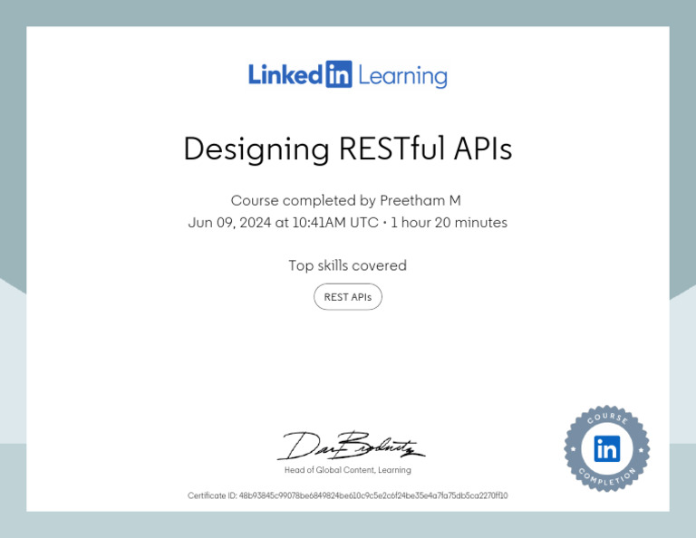 CertificateOfCompletion - Designing RESTful APIs | PDF