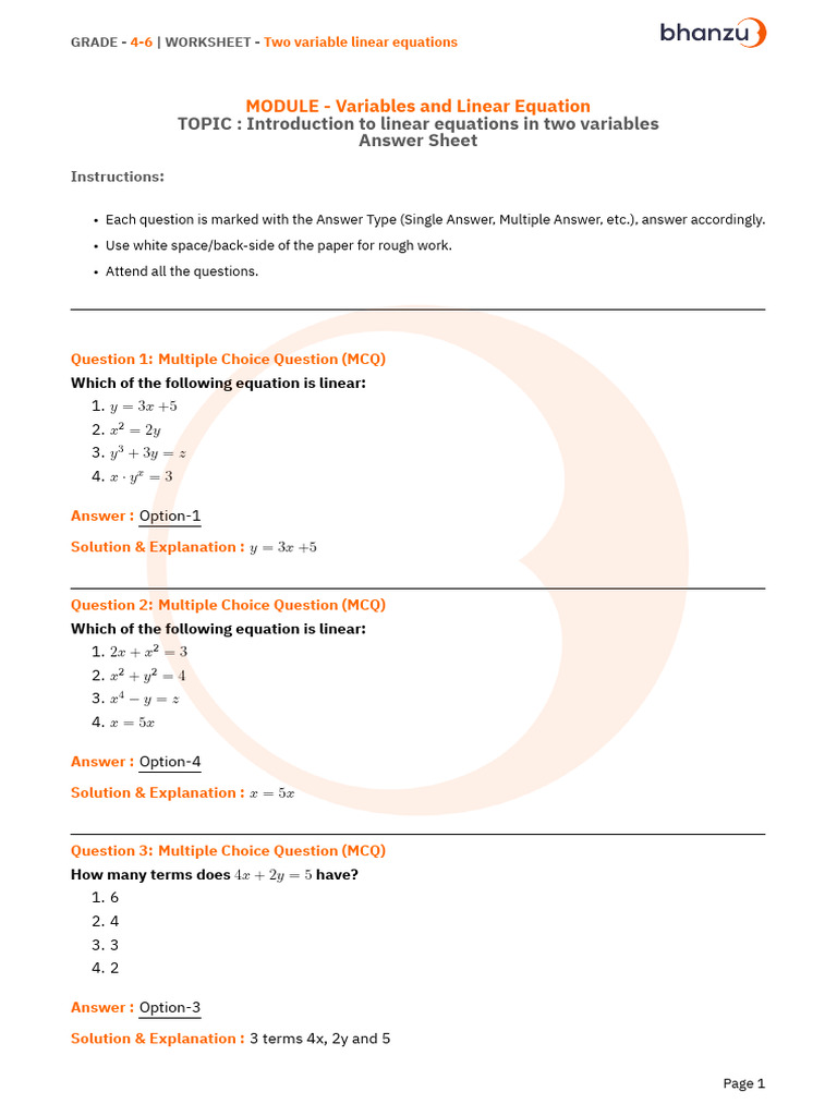 Two Variable Linear Equations Worksheet | PDF | Factorization | Equations